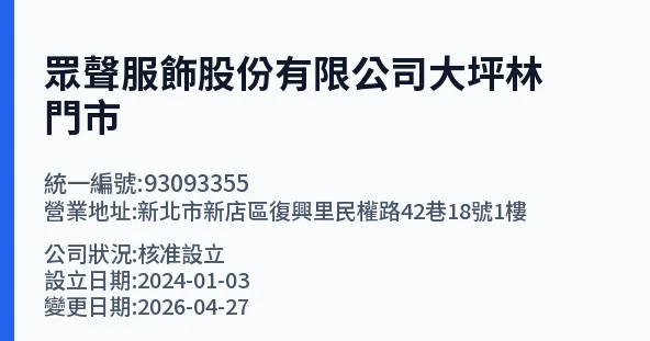 眾聲服飾股份有限公司大坪林門市的照片-統編 93093355(新北市) 公司登記資料與營業項目詳細圖表