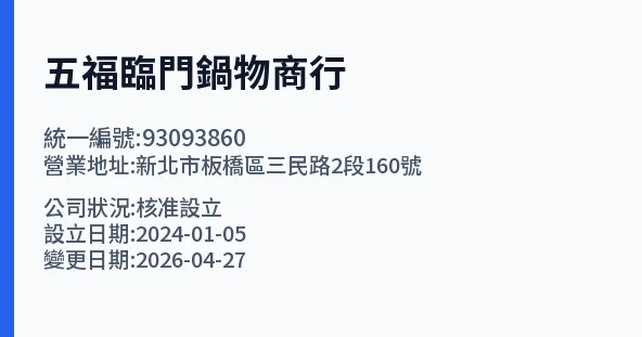 五福臨門鍋物商行的照片-統編 93093860(新北市) 公司登記資料與營業項目詳細圖表