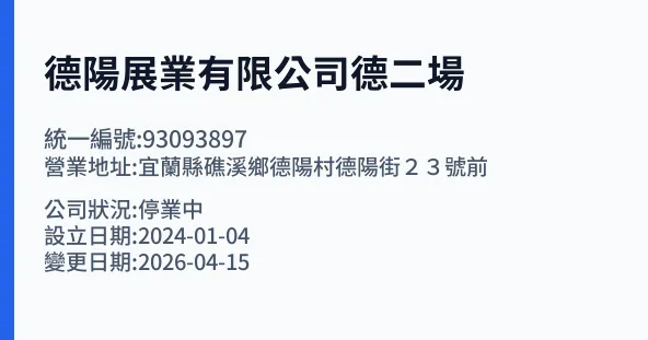 德陽展業有限公司德二場的照片-統編 93093897(宜蘭縣) 公司登記資料與營業項目詳細圖表