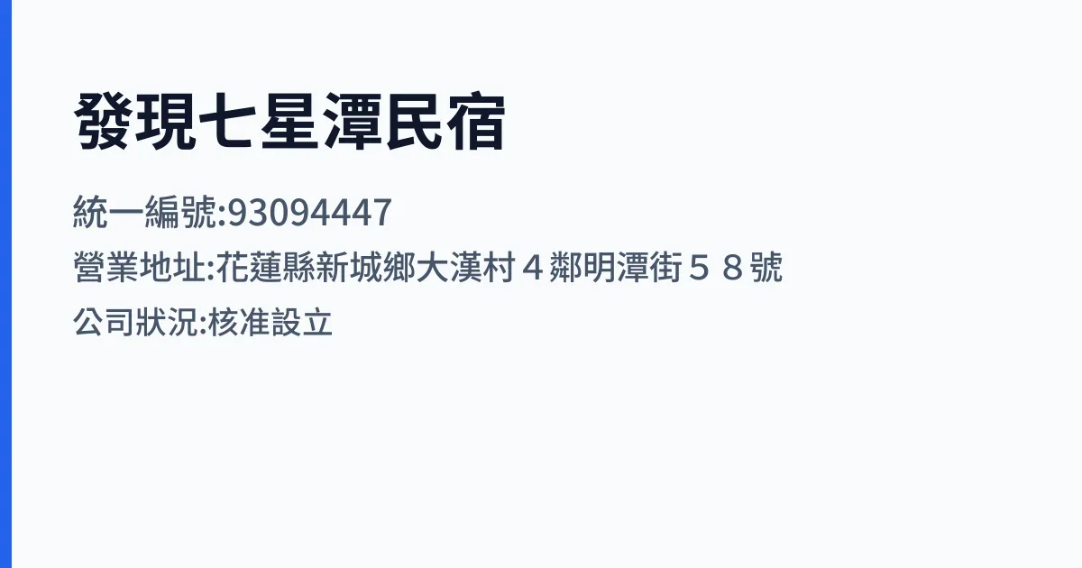 發現七星潭民宿 - 統編 93094447(花蓮縣) 公司登記資料與營業項目詳細圖表