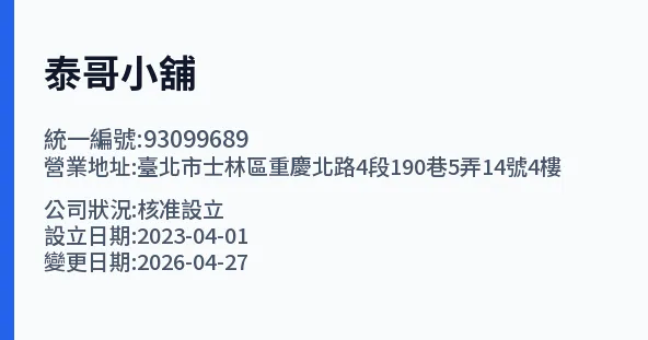 泰哥小舖的照片-統編 93099689(臺北市) 公司登記資料與營業項目詳細圖表