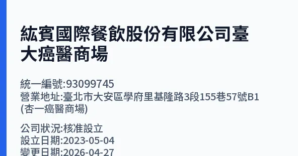 紘賓國際餐飲股份有限公司臺大癌醫商場的照片-統編 93099745(臺北市) 公司登記資料與營業項目詳細圖表