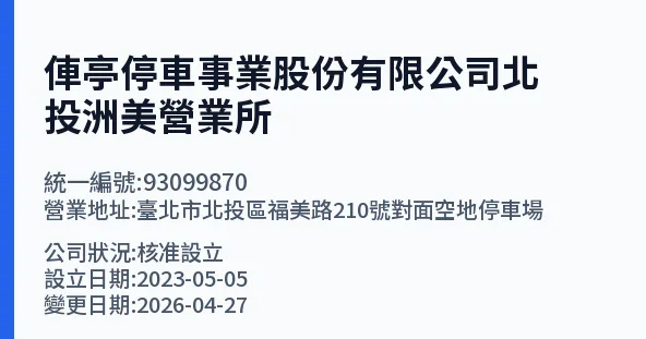 俥亭停車事業股份有限公司北投洲美營業所的照片-統編 93099870(臺北市) 公司登記資料與營業項目詳細圖表