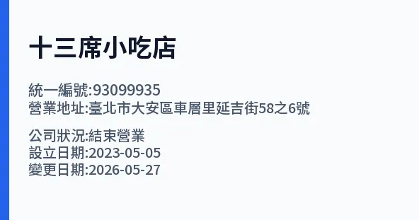 十三席小吃店的照片-統編 93099935(臺北市) 公司登記資料與營業項目詳細圖表