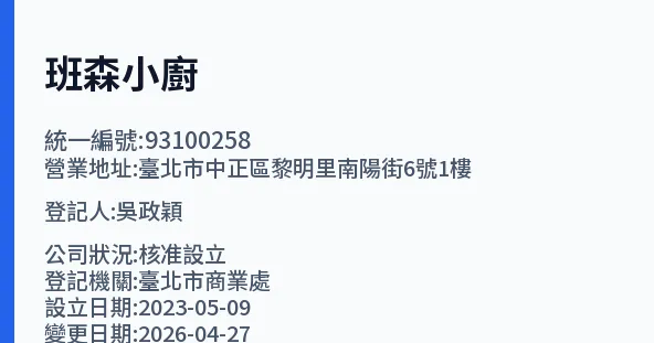 班森小廚的照片-統編 93100258(臺北市) 公司登記資料與營業項目詳細圖表