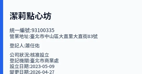 潔莉點心坊的照片-統編 93100335(臺北市) 公司登記資料與營業項目詳細圖表