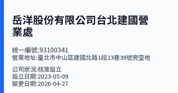 岳洋股份有限公司台北建國營業處的照片-統編 93100341(臺北市) 公司登記資料與營業項目詳細圖表