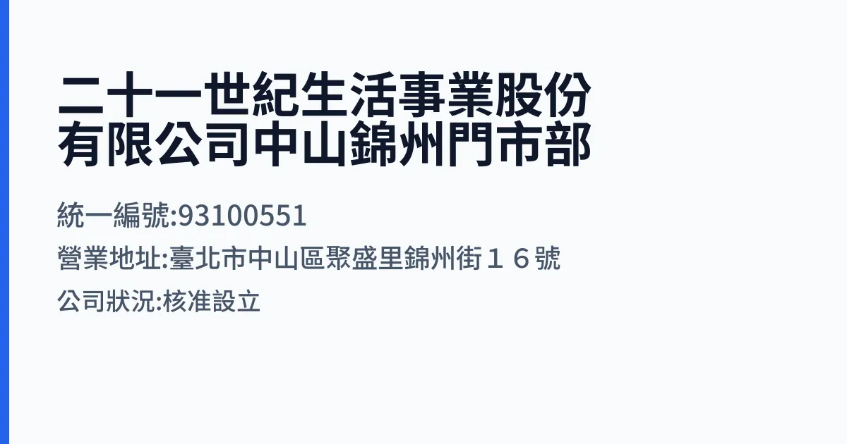 二十一世紀生活事業股份有限公司中山錦州門市部 - 統編 93100551(臺北市) 公司登記資料與營業項目詳細圖表
