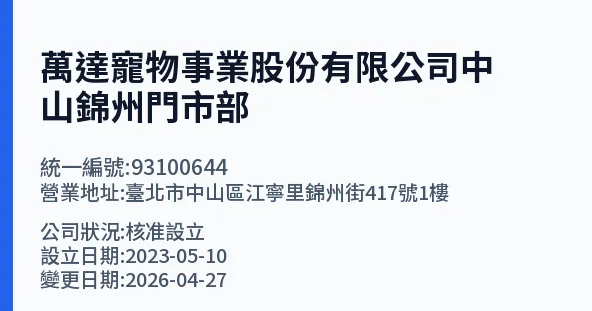 萬達寵物事業股份有限公司中山錦州門市部的照片-統編 93100644(臺北市) 公司登記資料與營業項目詳細圖表