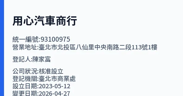用心汽車商行的照片-統編 93100975(臺北市) 公司登記資料與營業項目詳細圖表