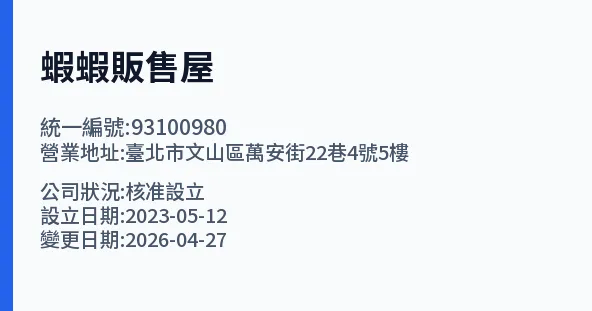 蝦蝦販售屋的照片-統編 93100980(臺北市) 公司登記資料與營業項目詳細圖表