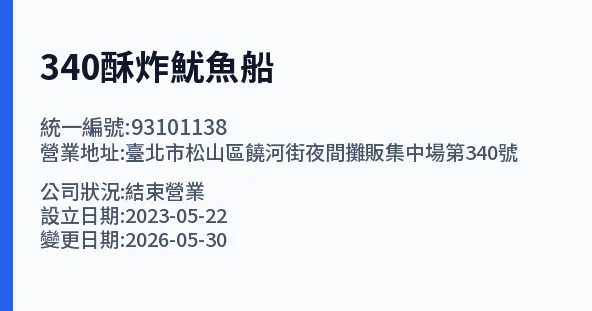 340酥炸魷魚船的照片-統編 93101138(臺北市) 公司登記資料與營業項目詳細圖表