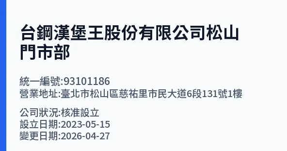 台鋼漢堡王股份有限公司松山門市部的照片-統編 93101186(臺北市) 公司登記資料與營業項目詳細圖表