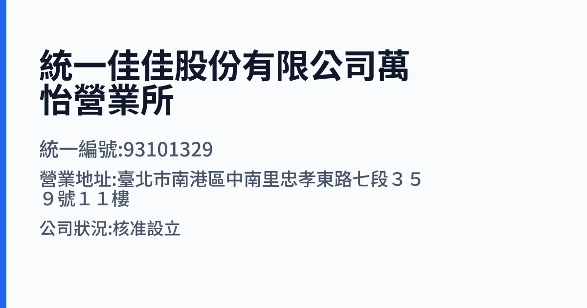 統一佳佳股份有限公司萬怡營業所 - 統編 93101329(臺北市) 公司登記資料與營業項目詳細圖表