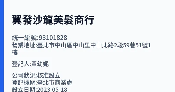 翼發沙龍美髮商行的照片-統編 93101828(臺北市) 公司登記資料與營業項目詳細圖表