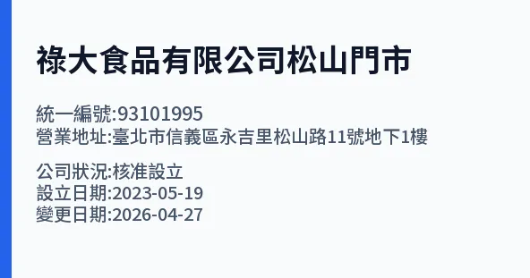 祿大食品有限公司松山門市的照片-統編 93101995(臺北市) 公司登記資料與營業項目詳細圖表