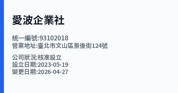 愛波企業社的照片-統編 93102018(臺北市) 公司登記資料與營業項目詳細圖表