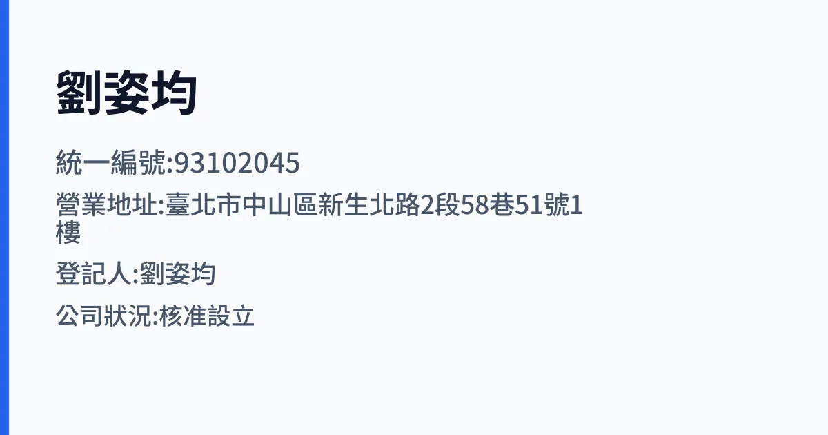 劉姿均 - 統編 93102045(臺北市) 公司登記資料與營業項目詳細圖表