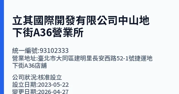 立其國際開發有限公司中山地下街A36營業所的照片-統編 93102333(臺北市) 公司登記資料與營業項目詳細圖表