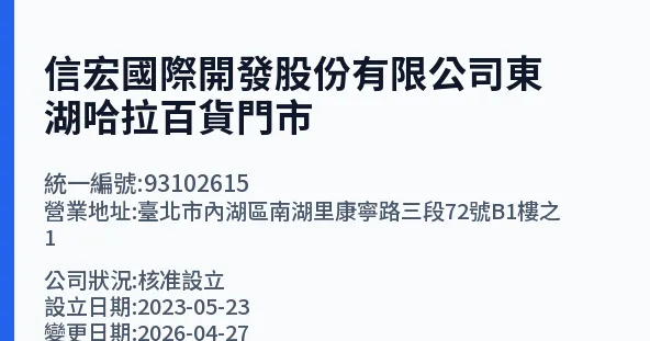 信宏國際開發股份有限公司東湖哈拉百貨門市的照片-統編 93102615(臺北市) 公司登記資料與營業項目詳細圖表