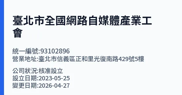 臺北市全國網路自媒體產業工會的照片-統編 93102896(臺北市) 公司登記資料與營業項目詳細圖表