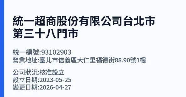 統一超商股份有限公司台北市第三十八門市的照片-統編 93102903(臺北市) 公司登記資料與營業項目詳細圖表