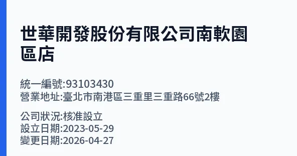 世華開發股份有限公司南軟園區店的照片-統編 93103430(臺北市) 公司登記資料與營業項目詳細圖表