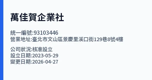 萬佳賀企業社的照片-統編 93103446(臺北市) 公司登記資料與營業項目詳細圖表