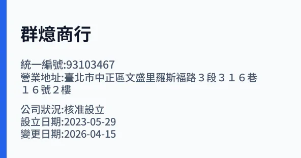 群燱商行 - 統編 93103467(臺北市) 公司登記資料與營業項目詳細圖表