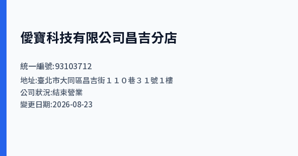 僾寶科技有限公司昌吉分店的照片-統編 93103712(臺北市) 公司登記資料與營業項目詳細圖表