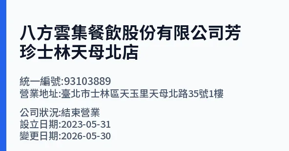 八方雲集餐飲股份有限公司芳珍士林天母北店的照片-統編 93103889(臺北市) 公司登記資料與營業項目詳細圖表