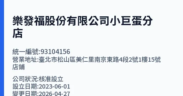 樂發福股份有限公司小巨蛋分店的照片-統編 93104156(臺北市) 公司登記資料與營業項目詳細圖表