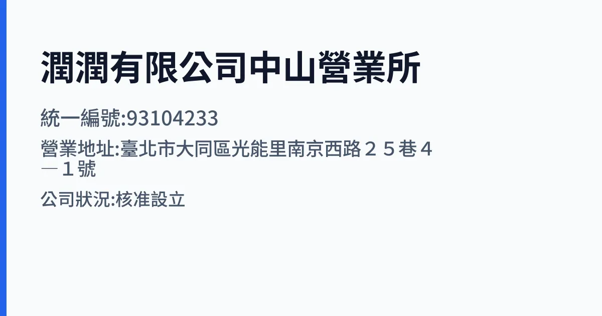 潤潤有限公司中山營業所 - 統編 93104233(臺北市) 公司登記資料與營業項目詳細圖表