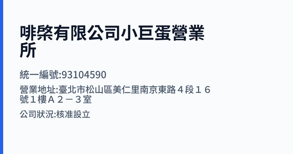 啡棨有限公司小巨蛋營業所 - 統編 93104590(臺北市) 公司登記資料與營業項目詳細圖表
