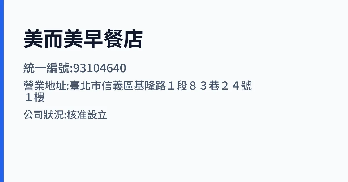 美而美早餐店 - 統編 93104640(臺北市) 公司登記資料與營業項目詳細圖表