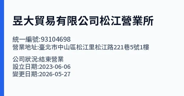 昱大貿易有限公司松江營業所的照片-統編 93104698(臺北市) 公司登記資料與營業項目詳細圖表