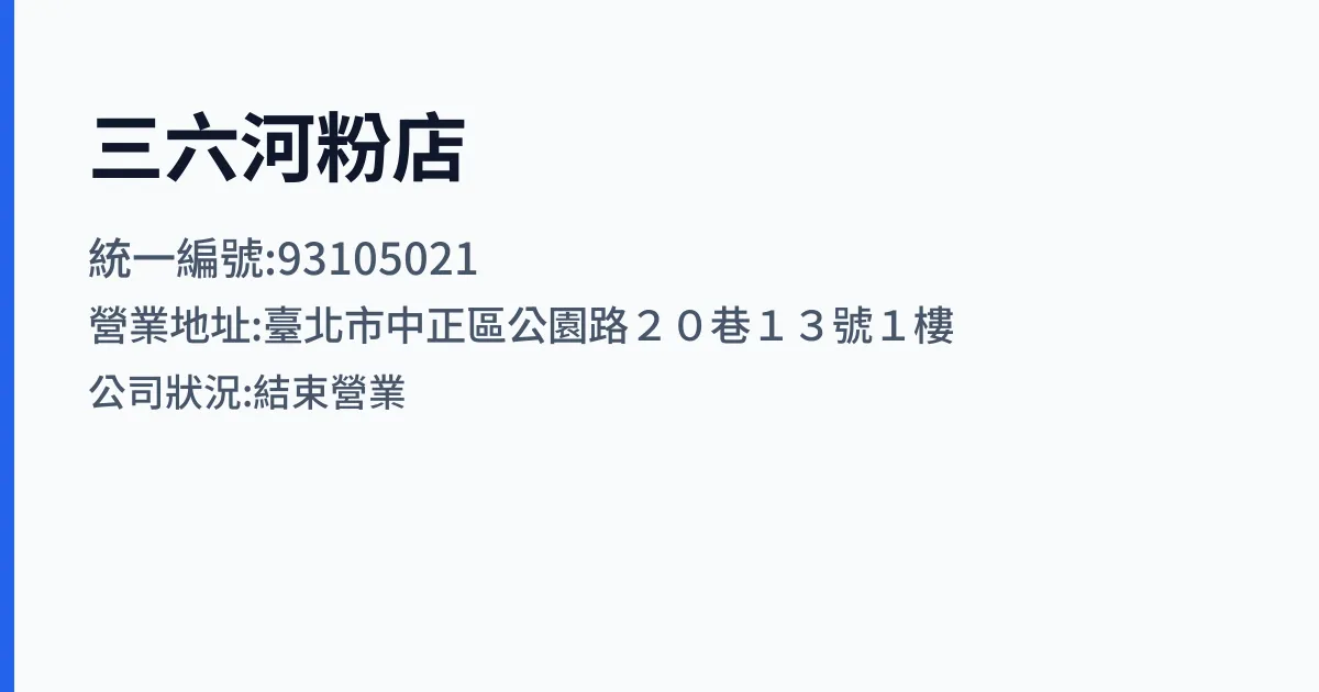 三六河粉店 - 統編 93105021(臺北市) 公司登記資料與營業項目詳細圖表