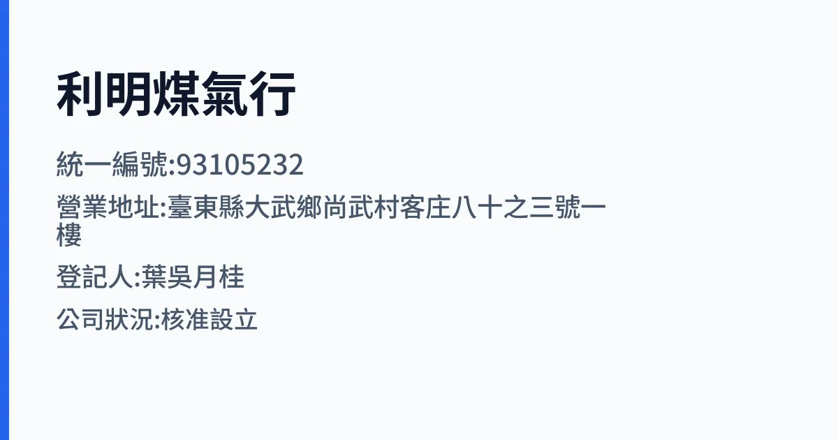 利明煤氣行 - 統編 93105232(臺東縣) 公司登記資料與營業項目詳細圖表