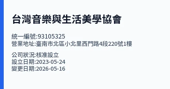台灣音樂與生活美學協會的照片-統編 93105325(臺南市) 公司登記資料與營業項目詳細圖表