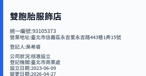 雙胞胎服飾店的照片-統編 93105373(臺北市) 公司登記資料與營業項目詳細圖表