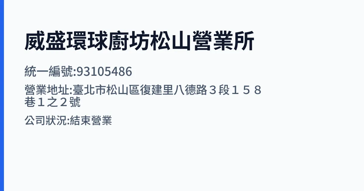 威盛環球廚坊松山營業所 - 統編 93105486(臺北市) 公司登記資料與營業項目詳細圖表