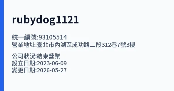 rubydog1121的照片-統編 93105514(臺北市) 公司登記資料與營業項目詳細圖表