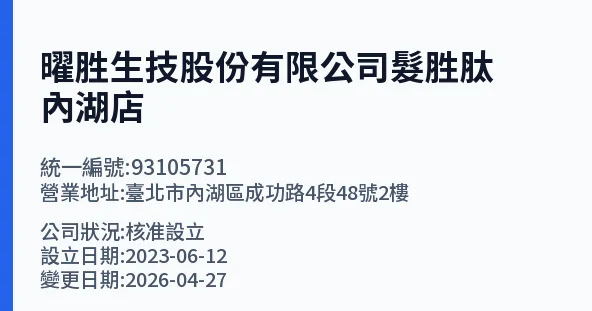 曜胜生技股份有限公司髮胜肽內湖店的照片-統編 93105731(臺北市) 公司登記資料與營業項目詳細圖表