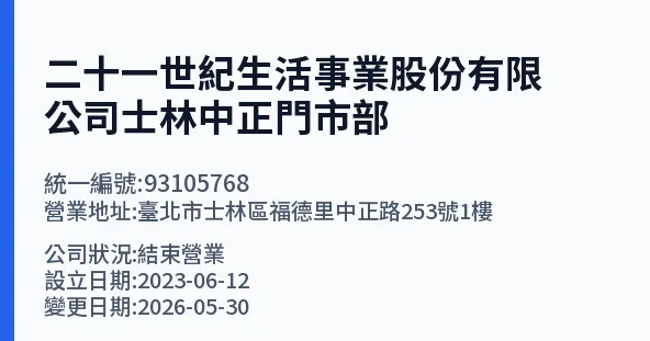二十一世紀生活事業股份有限公司士林中正門市部的照片-統編 93105768(臺北市) 公司登記資料與營業項目詳細圖表