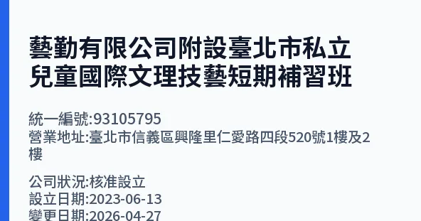 藝勤有限公司附設臺北市私立兒童國際文理技藝短期補習班的照片-統編 93105795(臺北市) 公司登記資料與營業項目詳細圖表