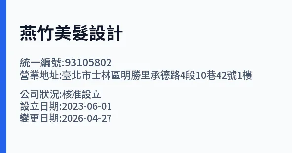 燕竹美髮設計的照片-統編 93105802(臺北市) 公司登記資料與營業項目詳細圖表