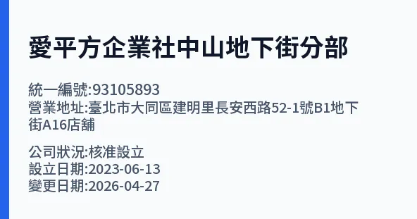 愛平方企業社中山地下街分部的照片-統編 93105893(臺北市) 公司登記資料與營業項目詳細圖表