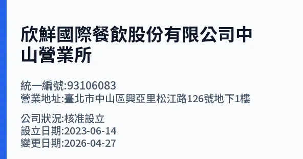 欣鮮國際餐飲股份有限公司中山營業所的照片-統編 93106083(臺北市) 公司登記資料與營業項目詳細圖表