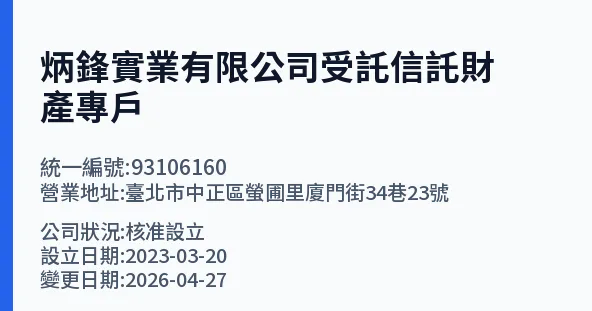 炳鋒實業有限公司受託信託財產專戶的照片-統編 93106160(臺北市) 公司登記資料與營業項目詳細圖表