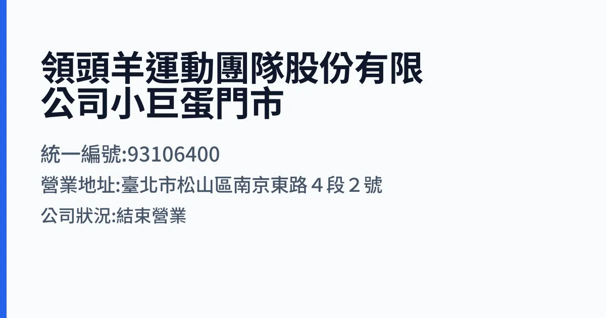 領頭羊運動團隊股份有限公司小巨蛋門市 - 統編 93106400(臺北市) 公司登記資料與營業項目詳細圖表